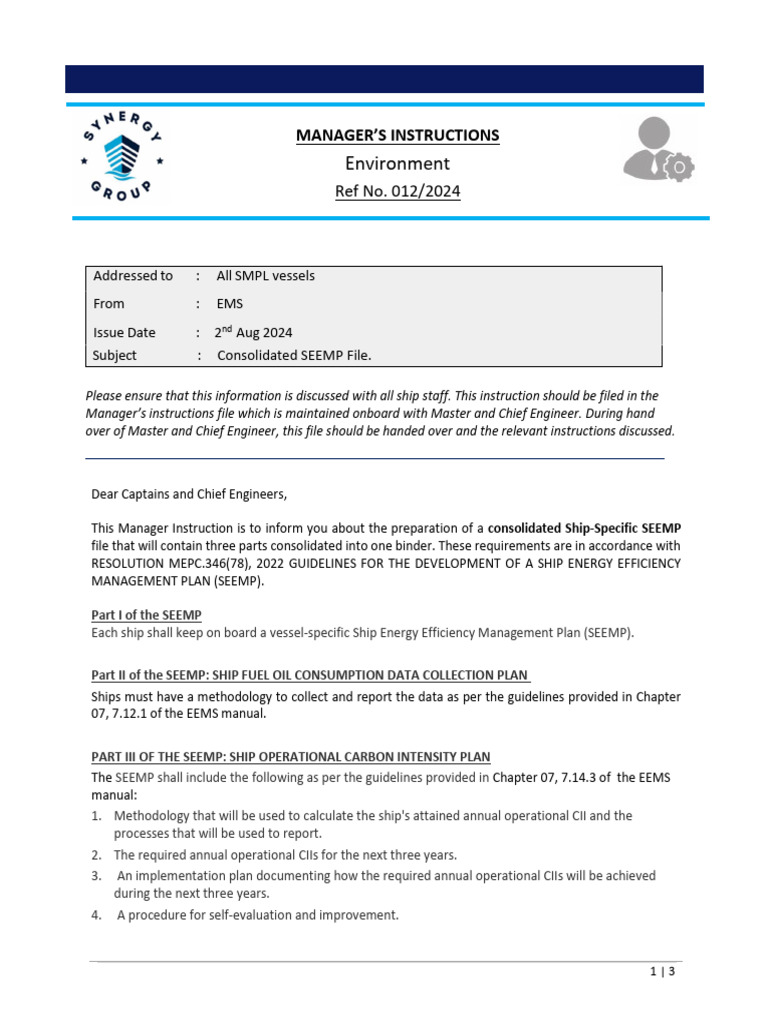 Managers Instructions 012-2024 - Consolidated SEEMP File | PDF | Computers
