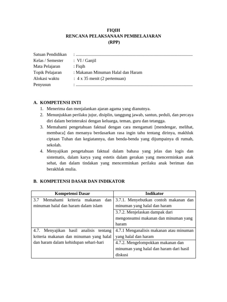 RPP Fiqih KLS 6 - Makanan Minuman Halal Haram | PDF