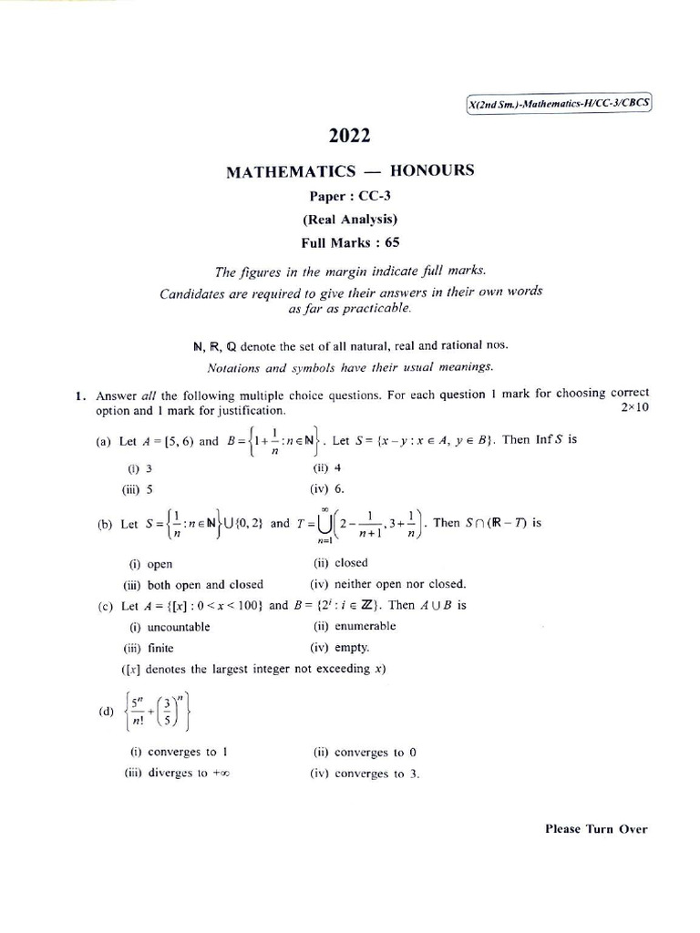 CU-2022 B.sc. (Honours) Mathematics Semester-2 Paper-CC-3 QP | PDF | Sequence | Real Analysis