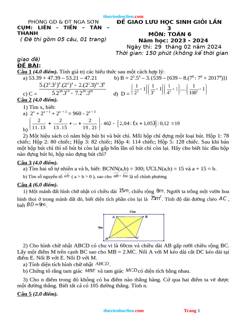 De Giao Luu HSG Toan 6 Lien Truong Nga Son 23 24 Lan 3 | PDF