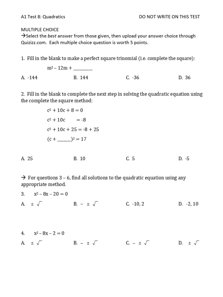 Quadratic Equations Test Questions | PDF | Discrete Mathematics ...