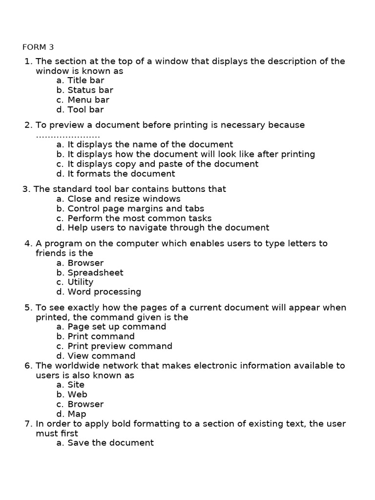 Form 3 ICT EXAMS | PDF | Computer Data Storage | Window (Computing)