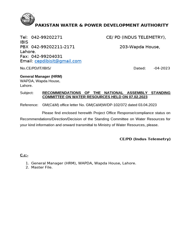 Letter CE PD To GM (HRM) WAPDA Dated 05-04-2023 | PDF | Water ...