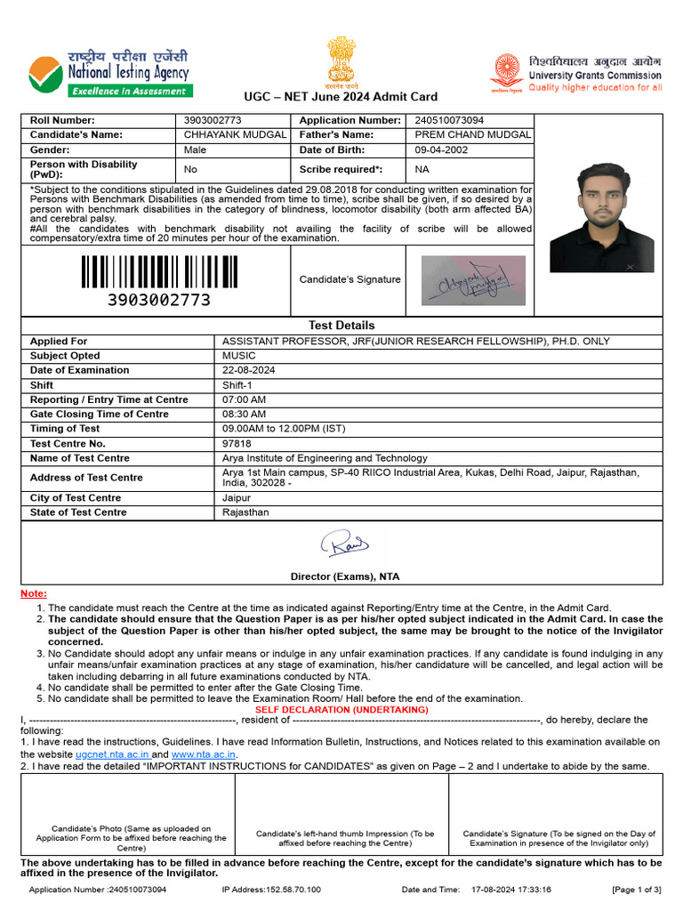 Ugc Net Admit Card | PDF | Identity Document