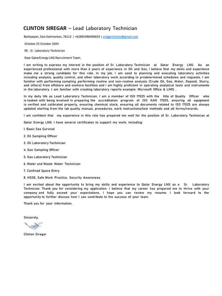 Cover Letter SR Lab Technician | PDF