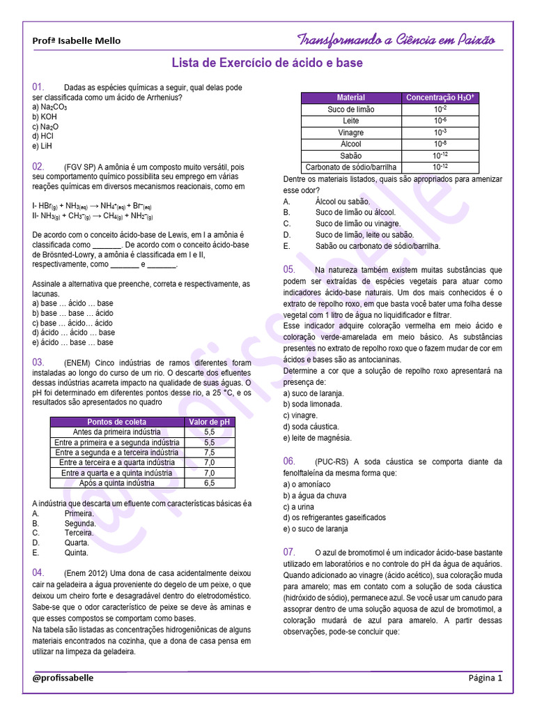 lista de exercicio Indicador de ácido e base | PDF | Ácido | Ph