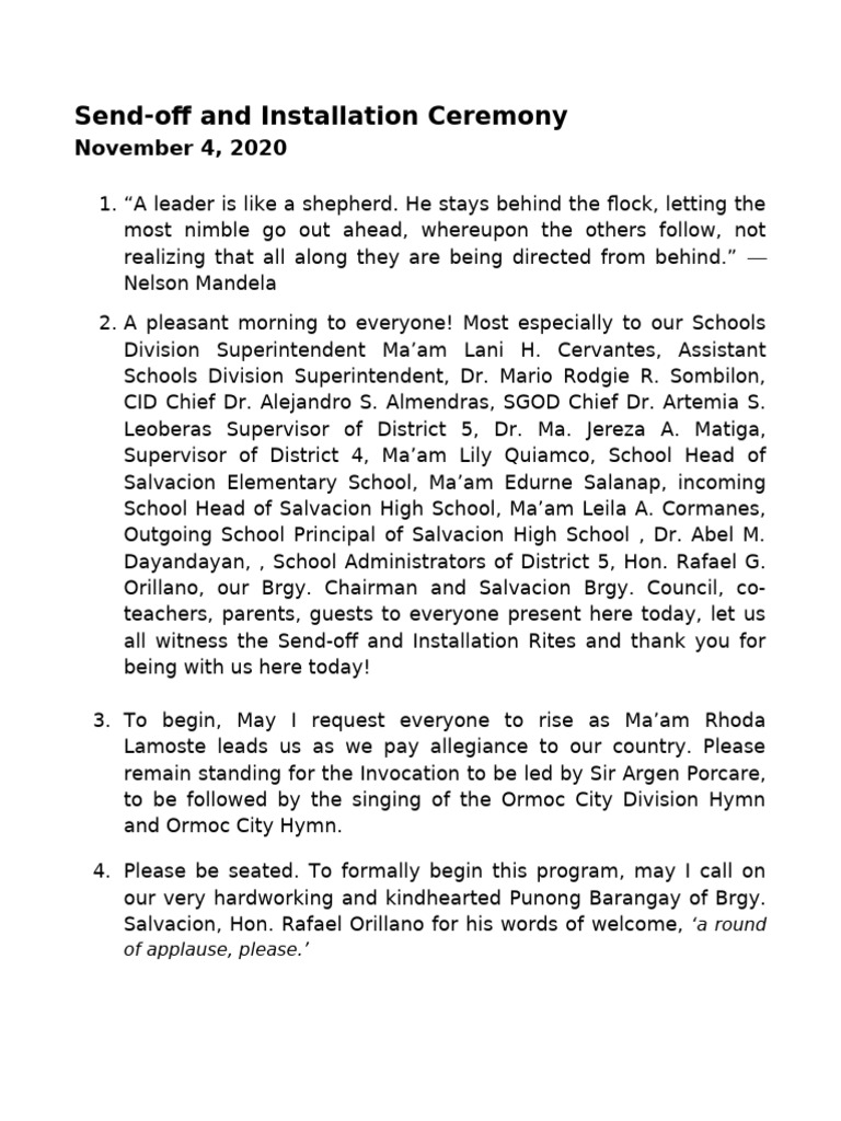 Emcee Script For Send-Off and Installation | PDF | Wellness