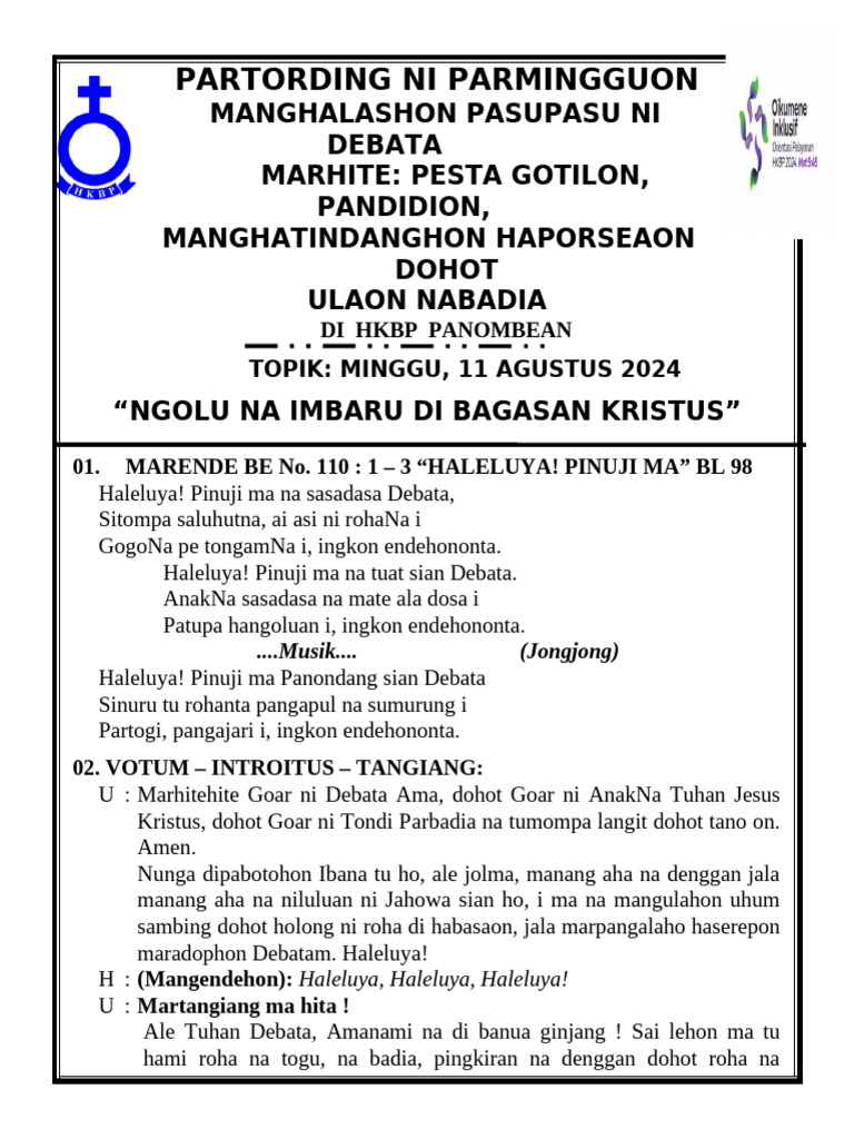 Acara Pesta Gotilon HKBP Panombean 11 Agustus 2024 | PDF | Seni ...