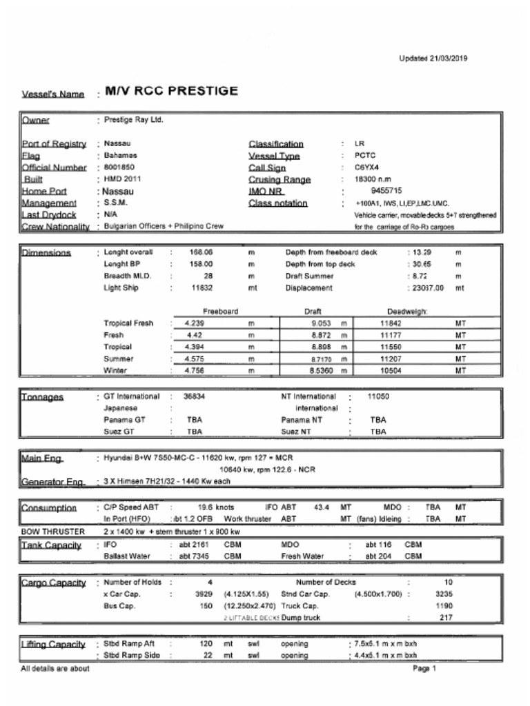RCC PRESTIGE Vessel Description | PDF