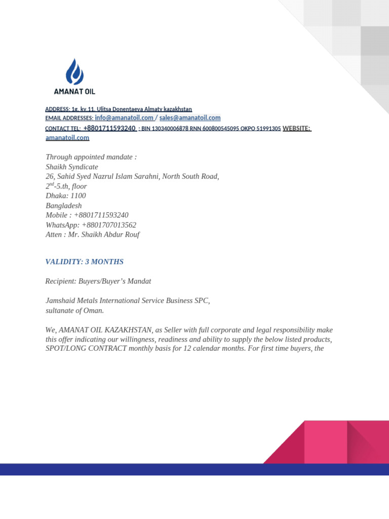 AMANAT - OIL - KAZAKHSTAN - FCO (1) (8307) Correction 2 | PDF | Letter ...