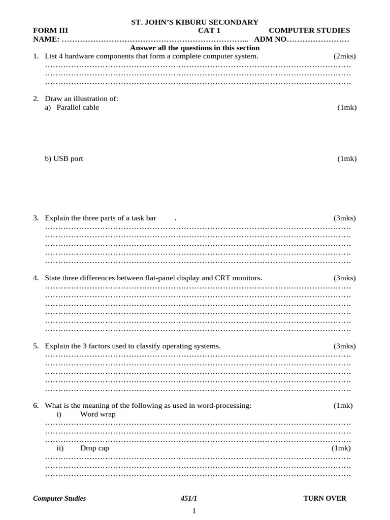 FORM 3 CAT 1 2024 | PDF | Computer Architecture | Computer Science