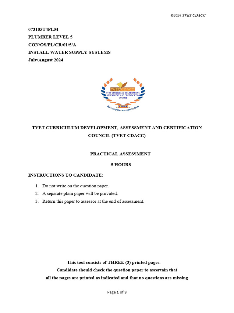Plumbing Level 5 Practical Assessment | PDF