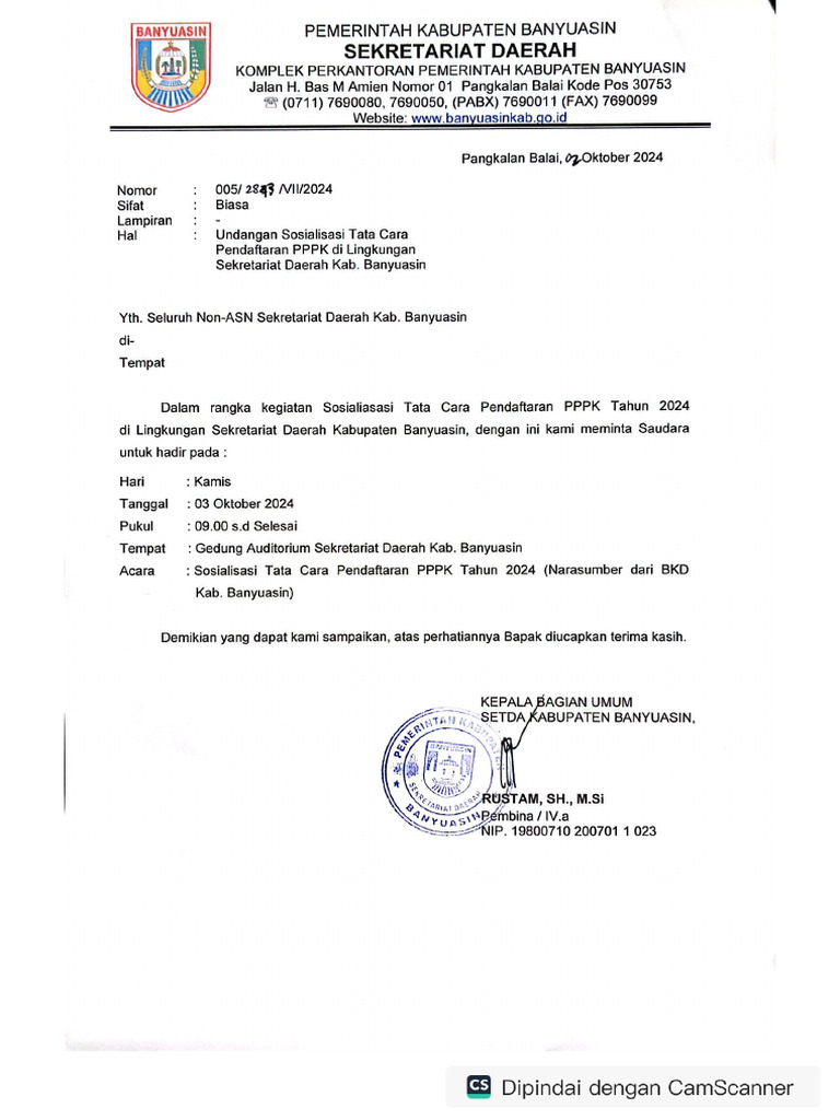 Undangan Sosialisasi Tata Cara PPPK Setda Kabupaten Banyuasin | PDF