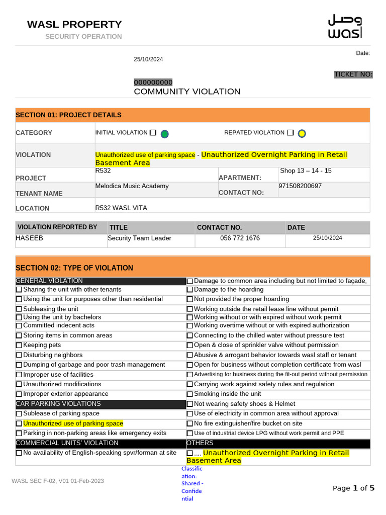 Wasl Property: Community Violation | PDF | Lease | Parking