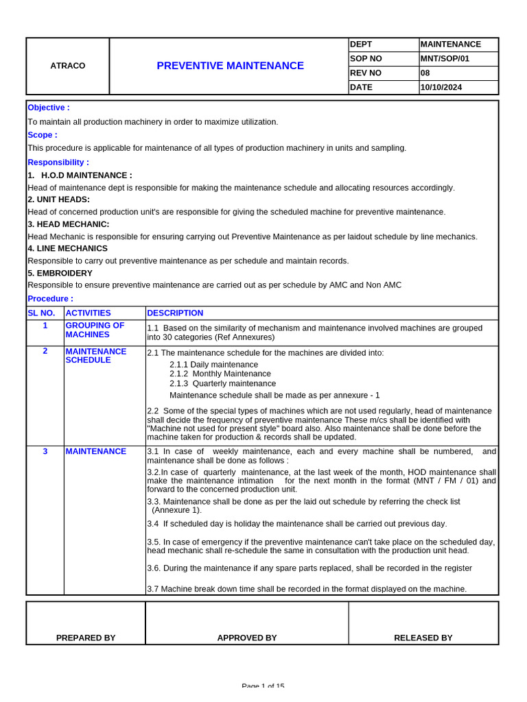 SOP-01 Preventive Maintenance - MNT | PDF | Sewing | Seam (Sewing)