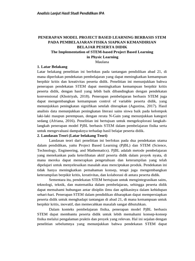 (2019) Penerapan Model Project Based Learning Berbasis STEM Pada Pembelajaran Fisika Siapkan | PDF