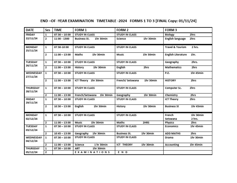 End of Year Exam Timetable 2024 f1 To f3 Final | PDF | Science
