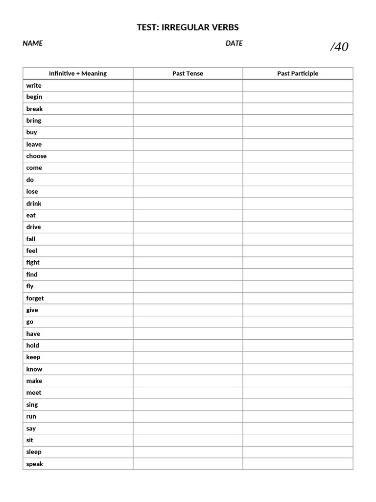 Test Irregular Verbs 3 | PDF