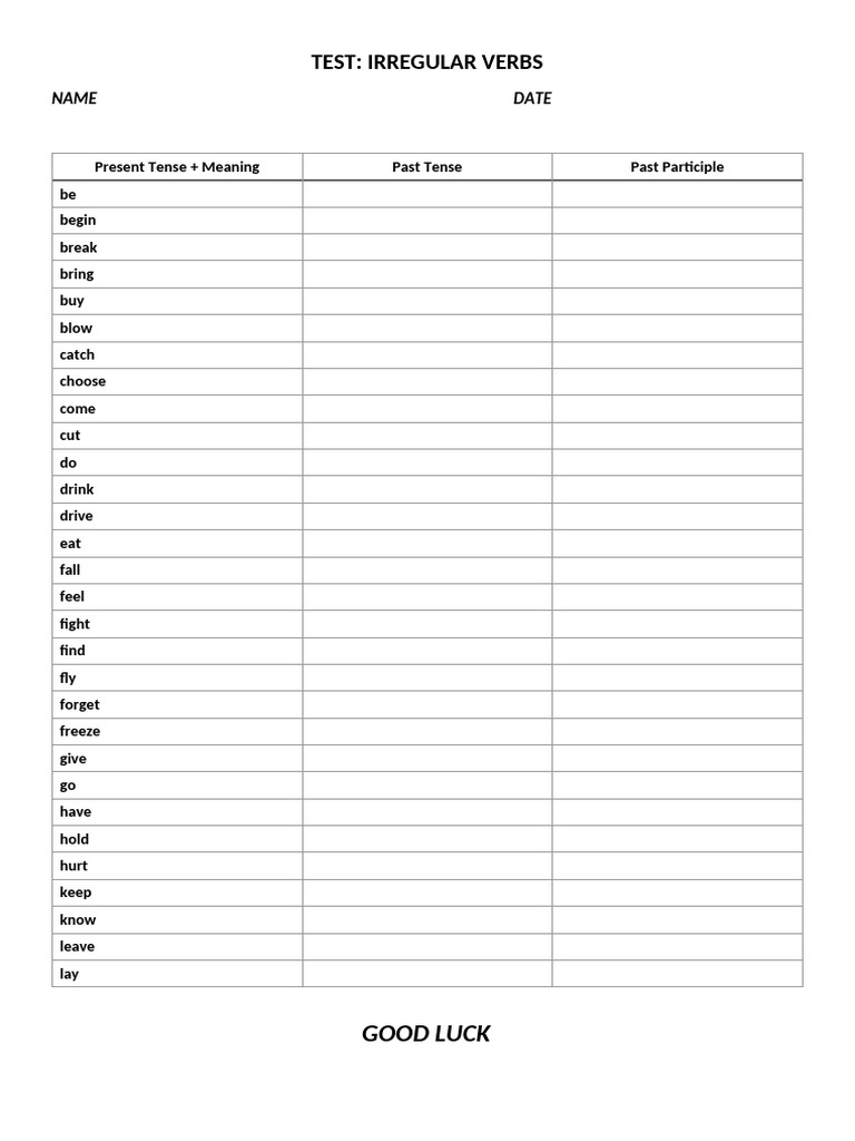 Test Irregular Verbs | PDF