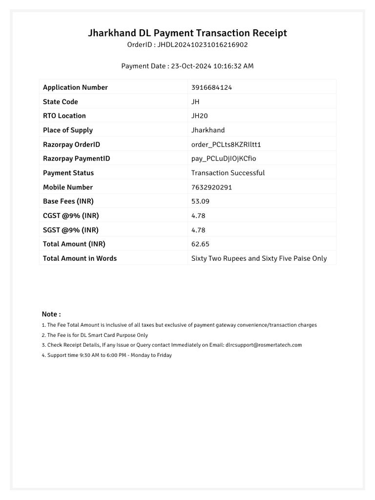 Jharkhand DL Payment Receipt 2024 | PDF
