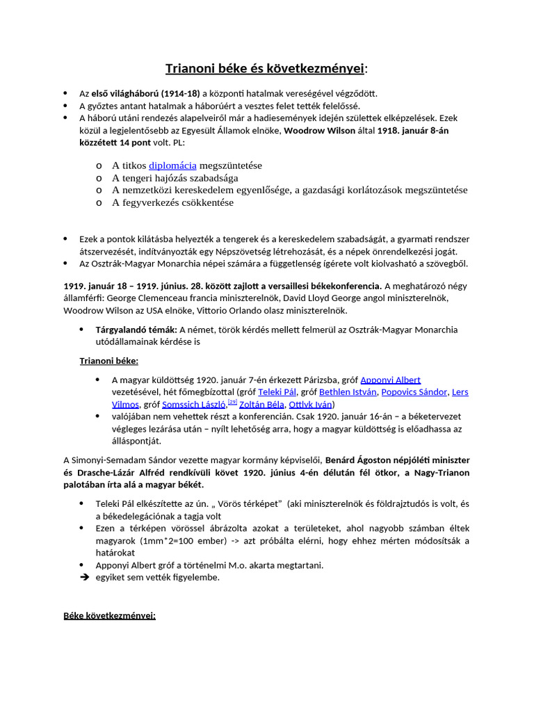 Trianoni Béke És Következményei - Docx Másolata - Docx Másolata | PDF