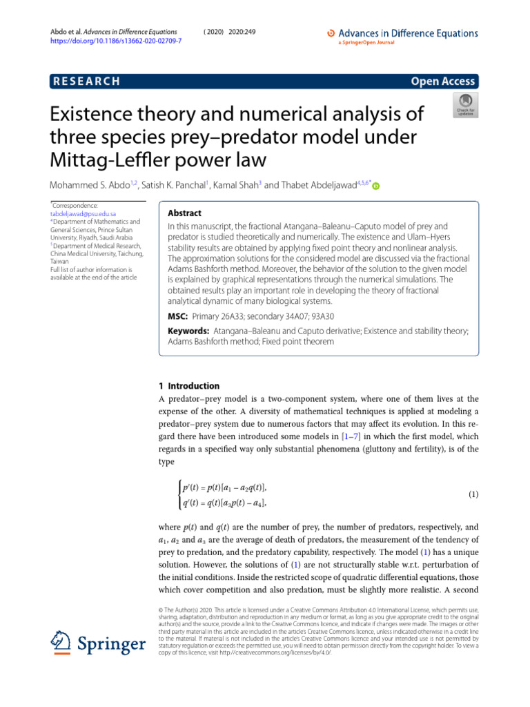 Existence Theory and Numerical Analysis of Three Species Prey-Predator Model Under Mittag-Lef Er ...