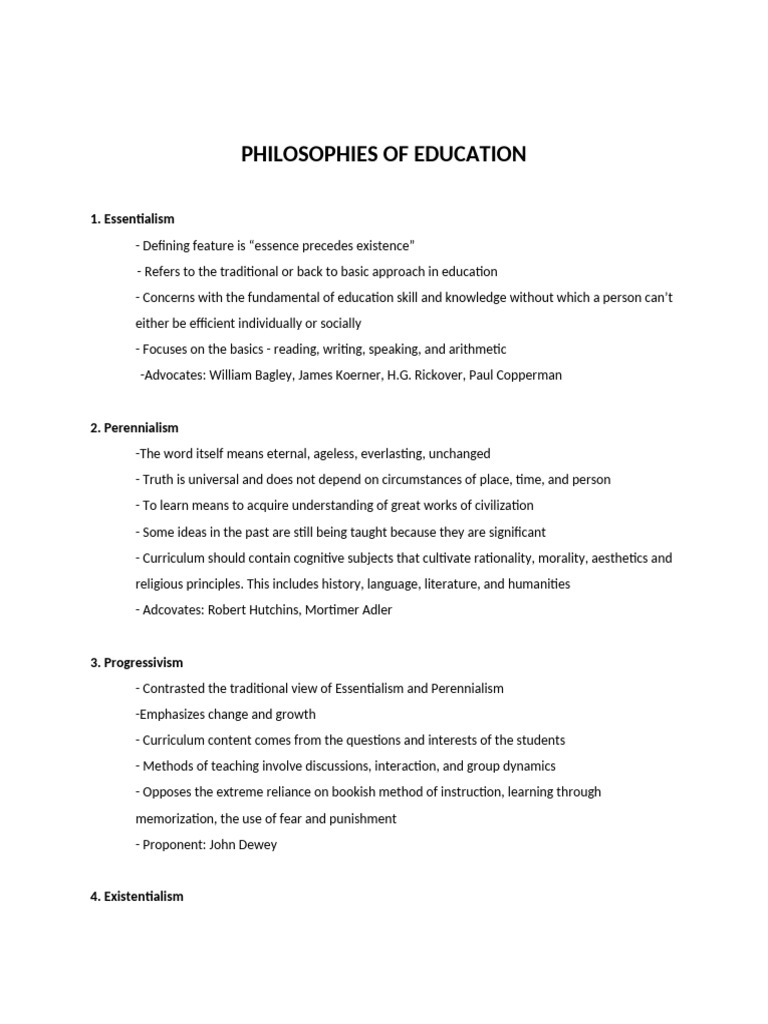 PHILOSOPHIES OF EDUCATION Handout | PDF | Knowledge | Philosophy Of ...