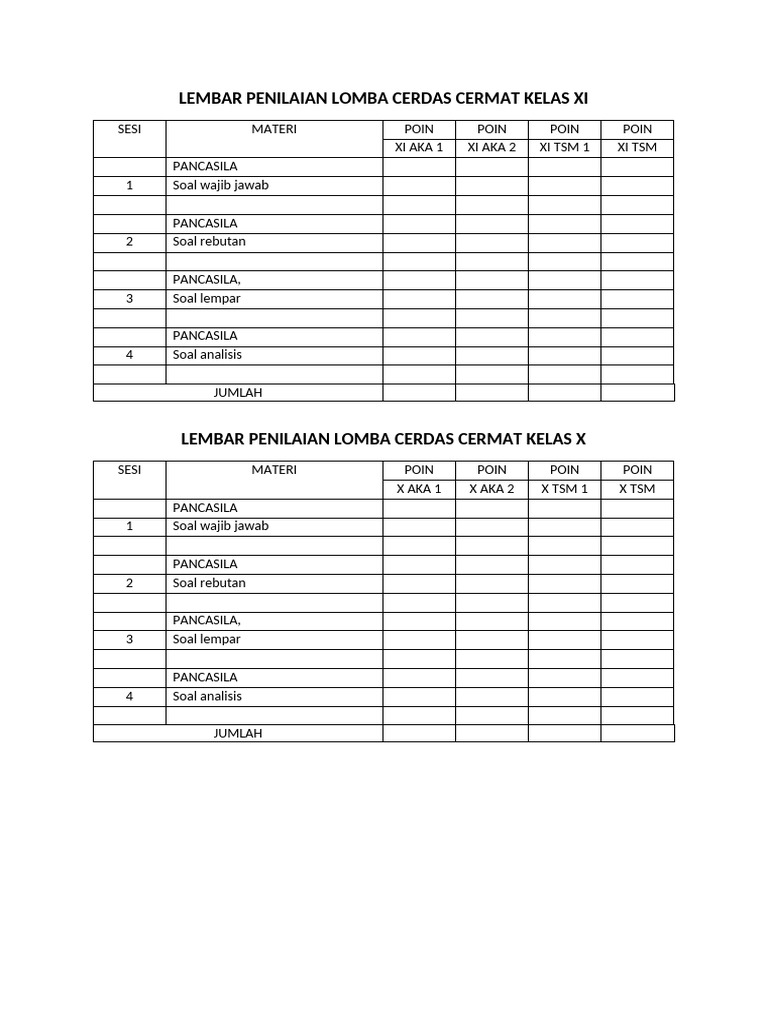 Lembar Penilaian Lomba Cerdas Cermat Kelas Xi | PDF