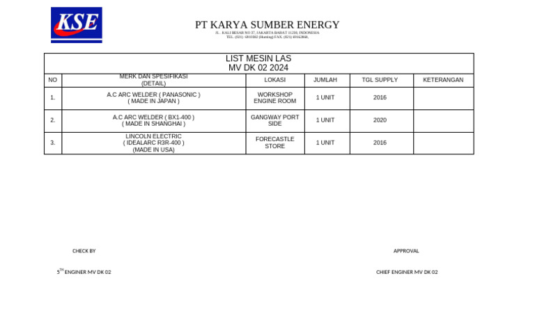 16.list Mesin Las MV DK 02 (18-10-2024) | PDF