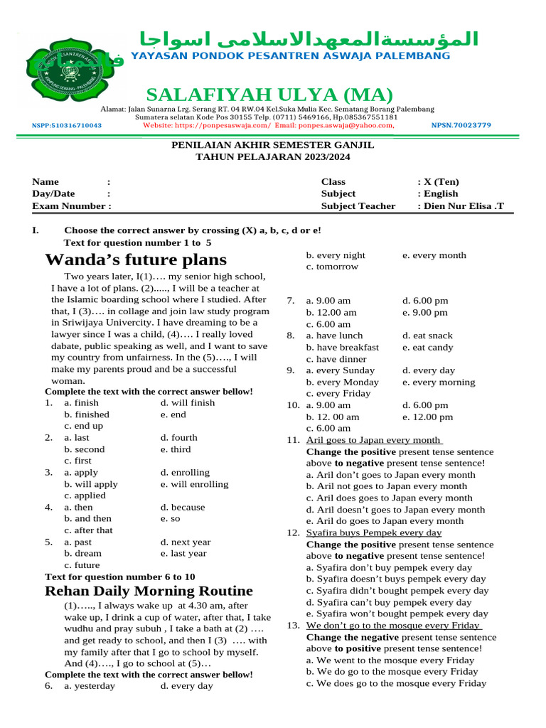 SOAL PAS ENGLISH X | PDF | Language Mechanics | Grammar