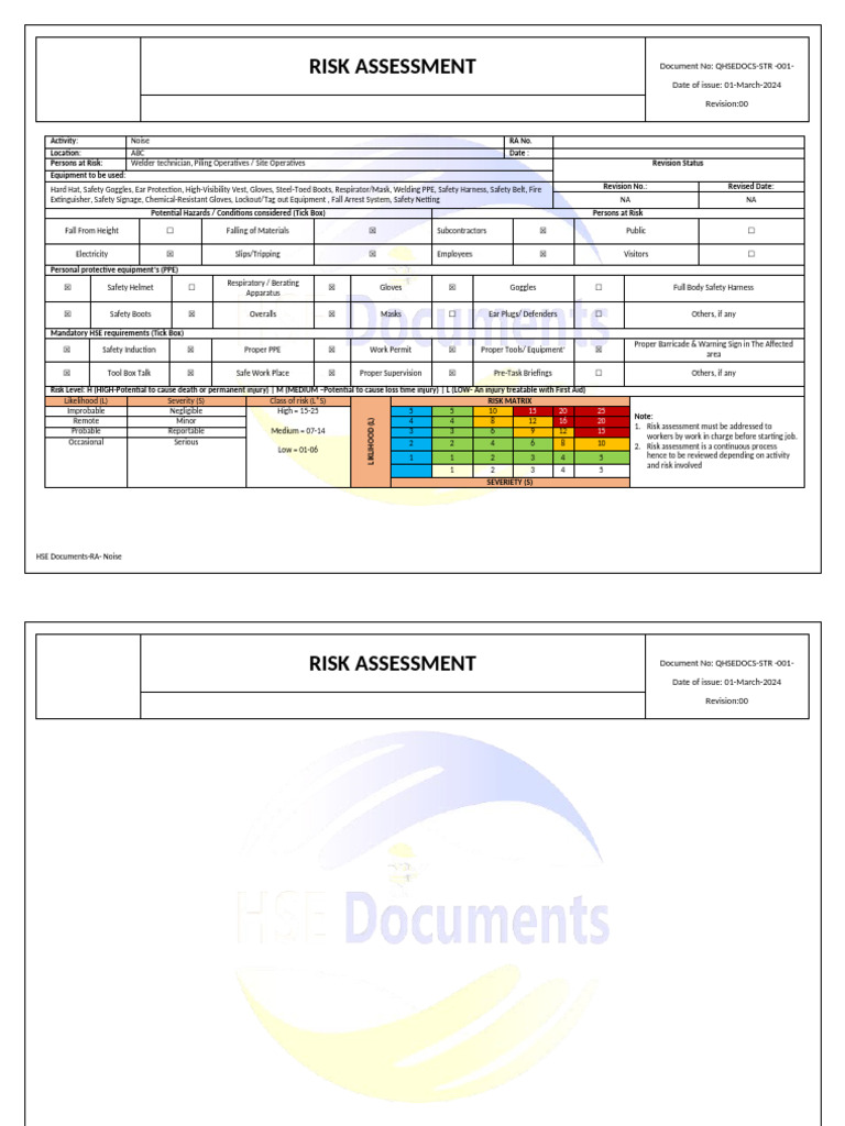 Noise Risk Assessment Template | PDF | Personal Protective Equipment ...