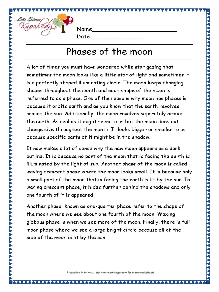3 Phases of The Moon Grade 3 Comprehension Worksheet | PDF | Moon ...