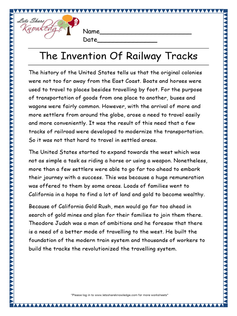 4 The Invention of Railway Tracks Grade 3 Comprehension Worksheet | PDF ...