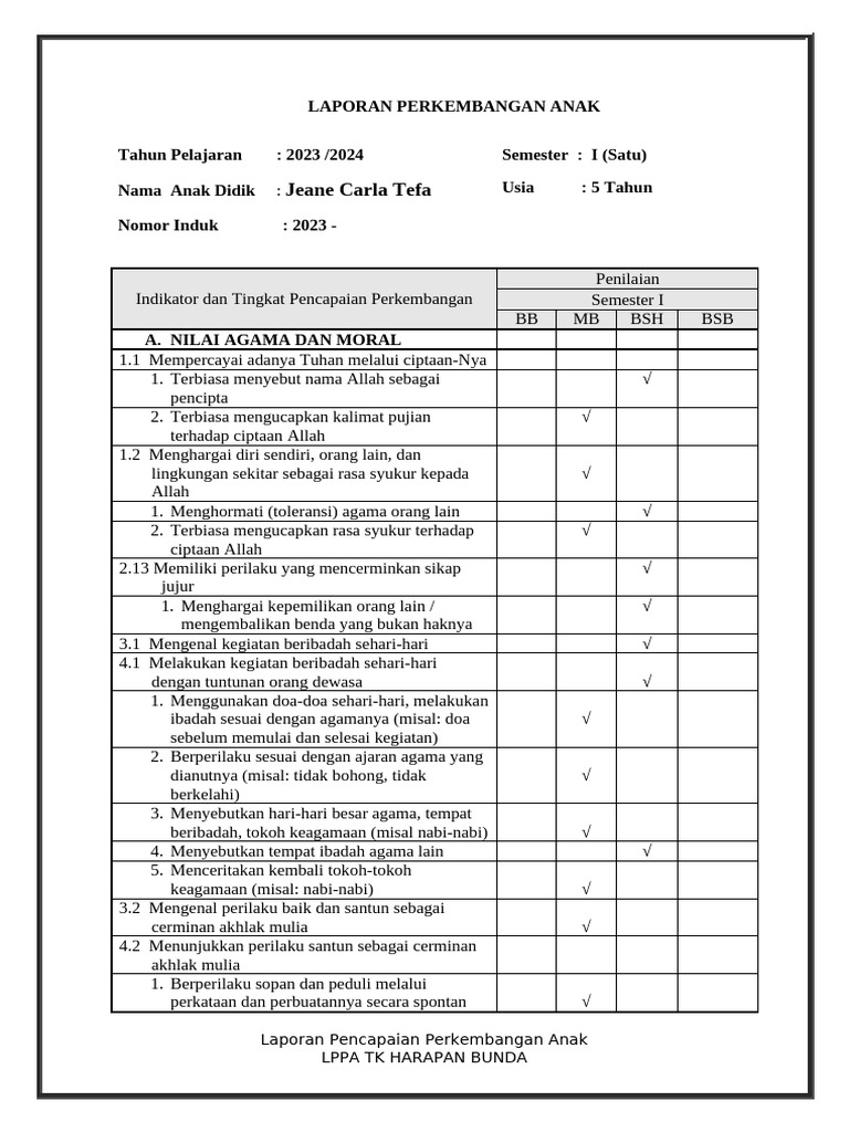 Contoh Rapor TK 2024 | PDF