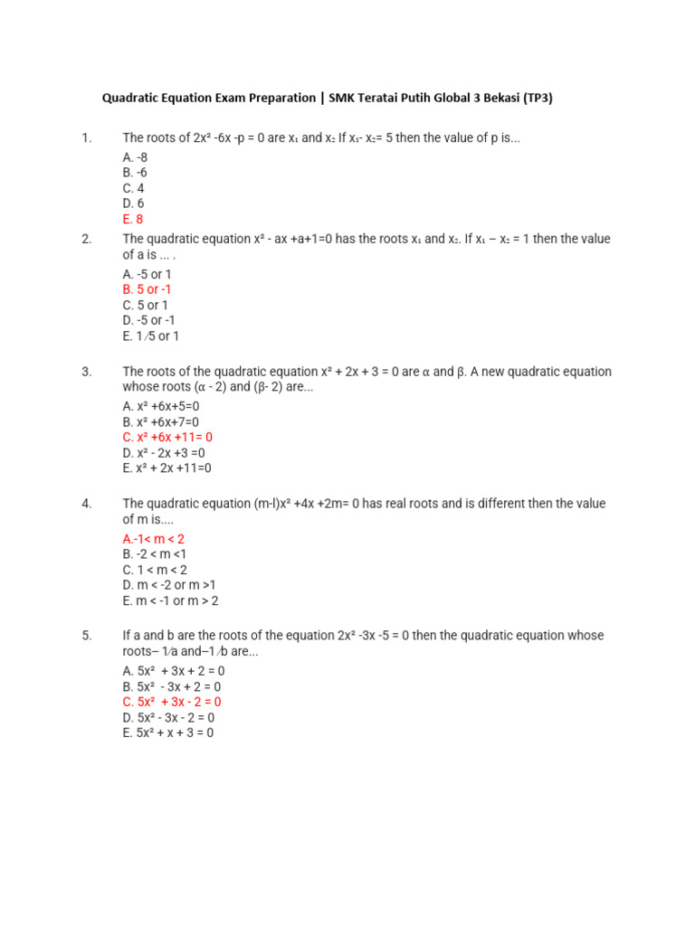 Quadratic Equation Exam Questions | PDF | Mathematics | Algebra