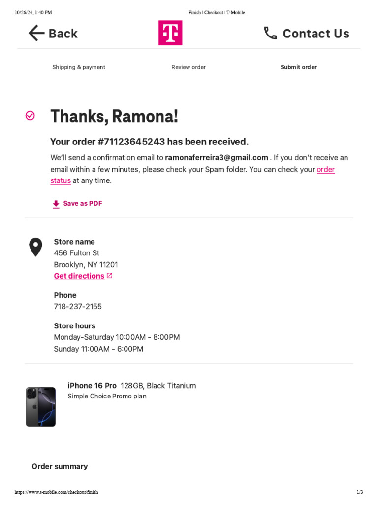 T-Mobile Order Confirmation Details | PDF | Roaming | Smartphone