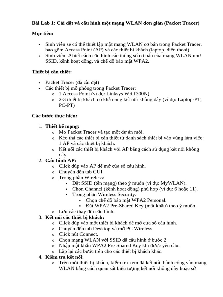 Bài Lab 1: Cài đặt và cấu hình một mạng WLAN đơn giản (Packet Tracer) | PDF