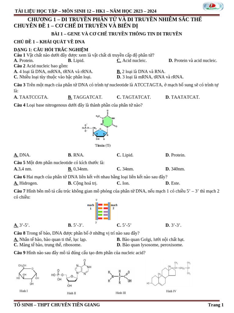 TLHT 2425 - Sinh 12 CB Hk1 - GV | PDF