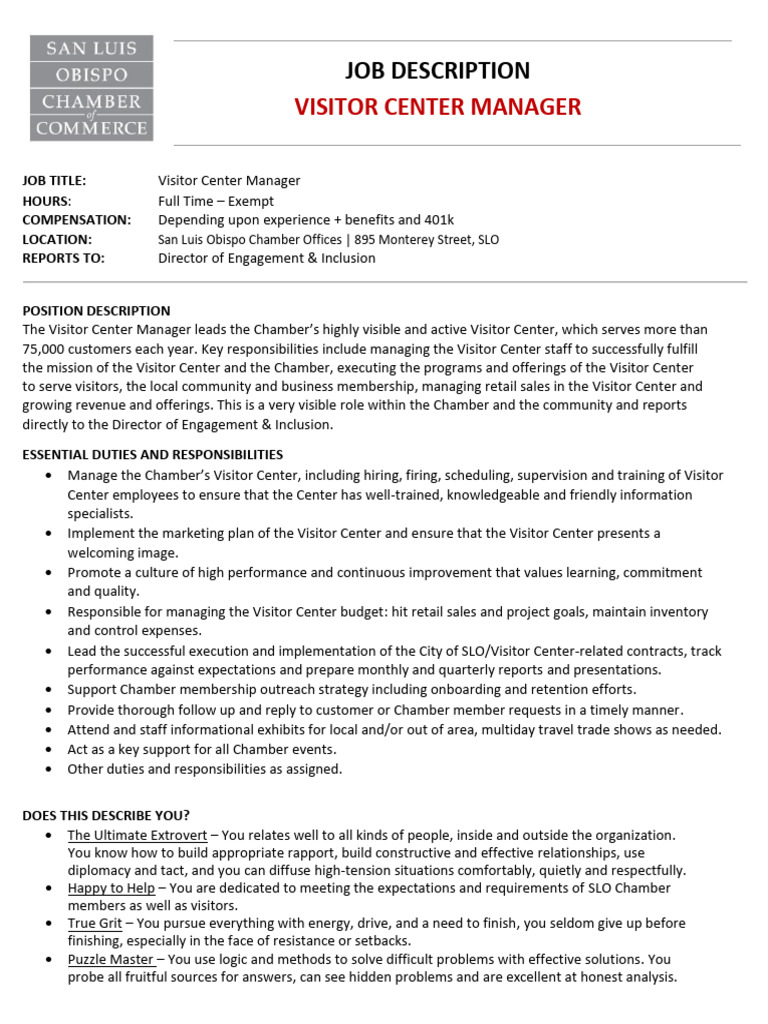 Visitor Center Manager Job Description | PDF | Employee Retention ...