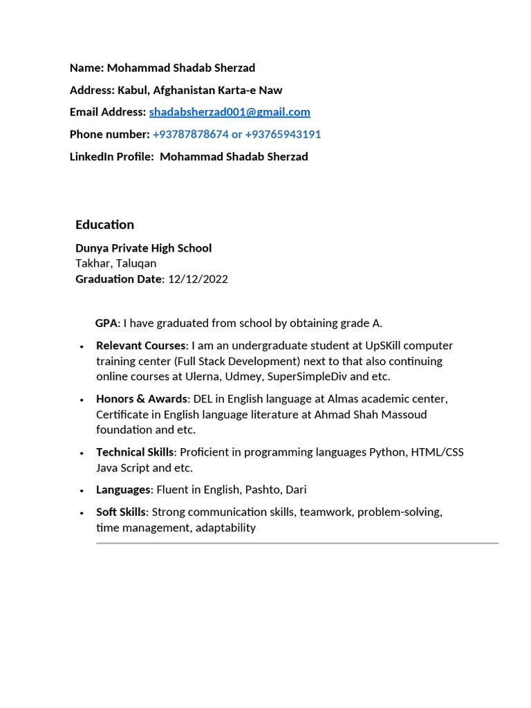 Mohammad Shadab Sherzad CV | PDF | Classroom Management | Teachers