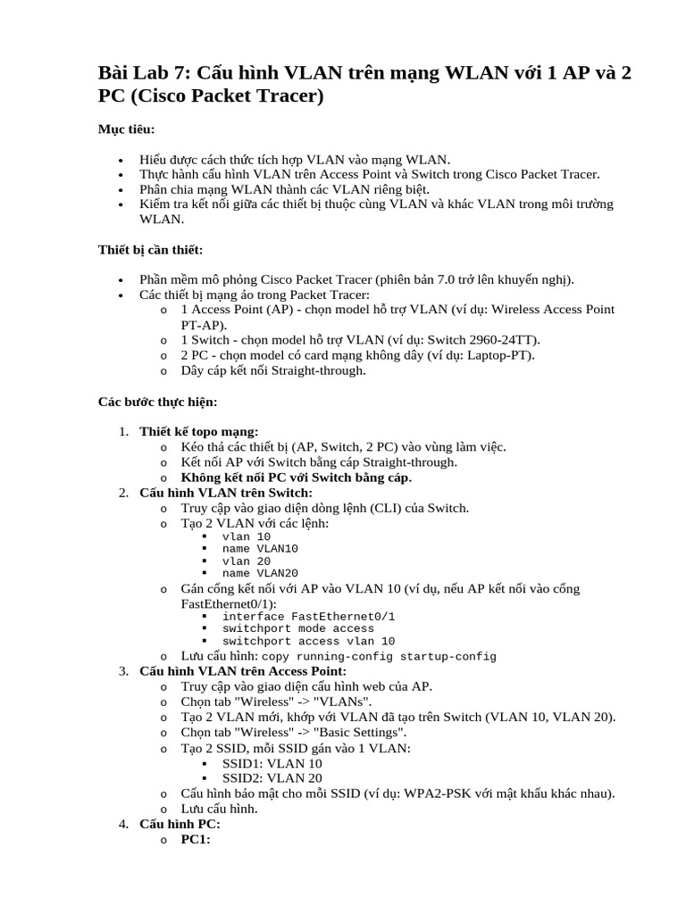 Bài Lab 7: Cấu hình VLAN trên mạng WLAN với 1 AP và 2 PC (Cisco Packet Tracer) | PDF