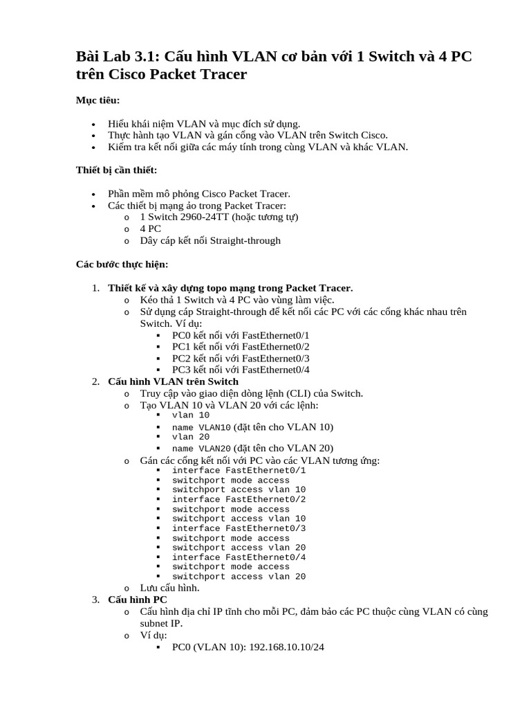 Bài Lab3 - 1: Cấu hình VLAN cơ bản với 1 Switch và 4 PC trên Cisco ...