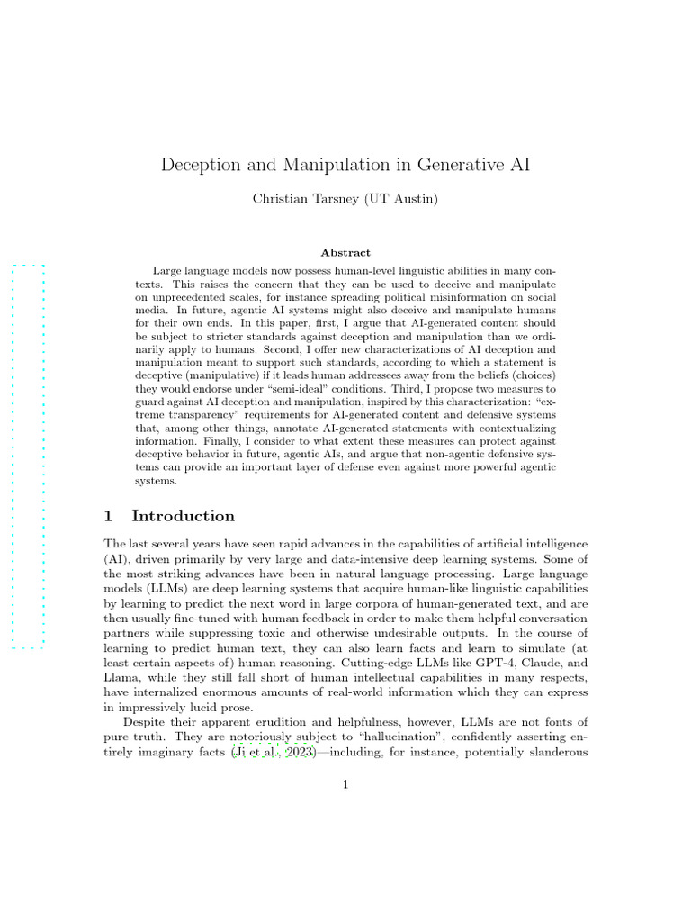 Deception and Manipulation in Generative Ai | PDF | Deception | Rationality