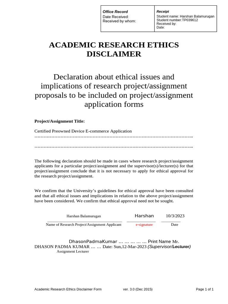 Research Ethics Declaration Form Pdf