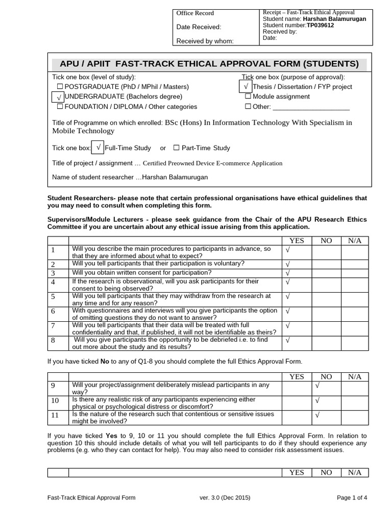 TP039612 Fast Track Ethical Approval Form | PDF | Thesis