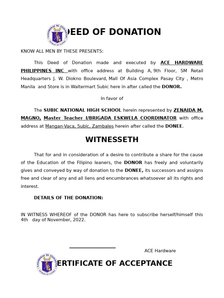 Deed of Donation Format | PDF | Career & Growth | Social Science