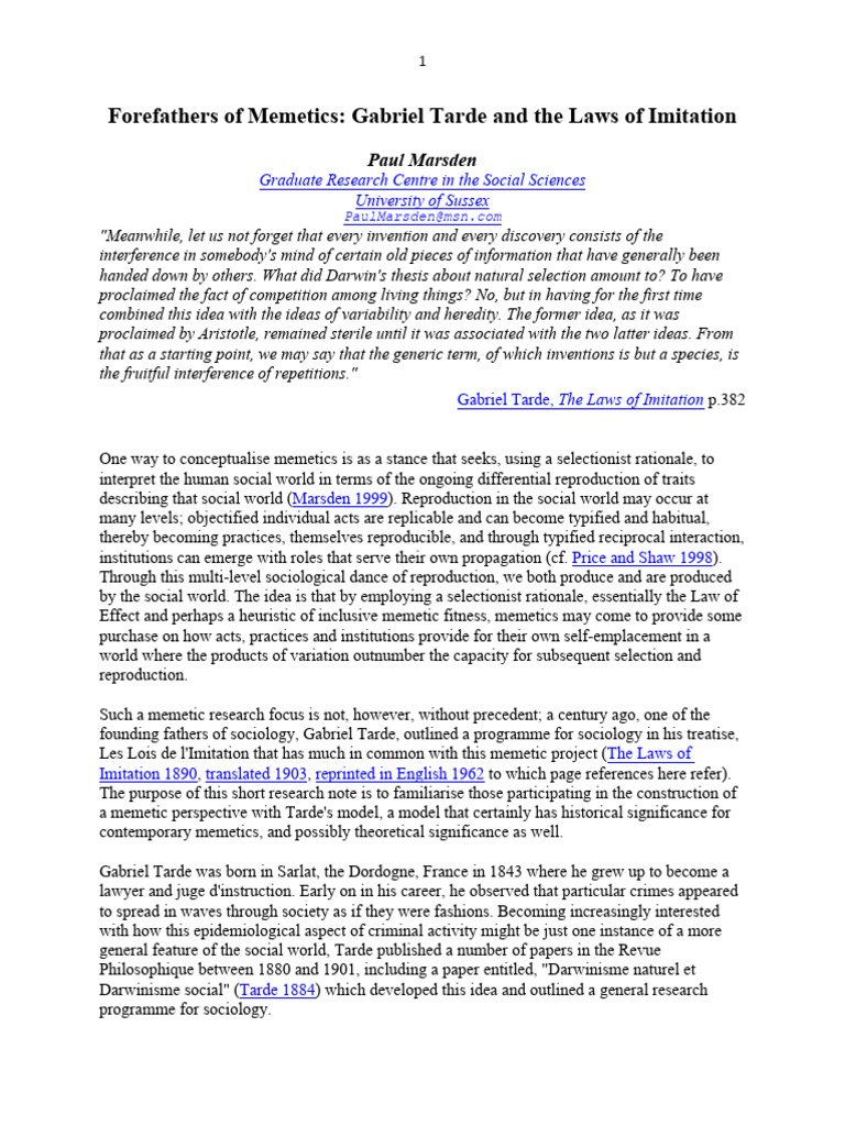 Forefathers of Memetics - Tarde | PDF | Imitation | Sociology
