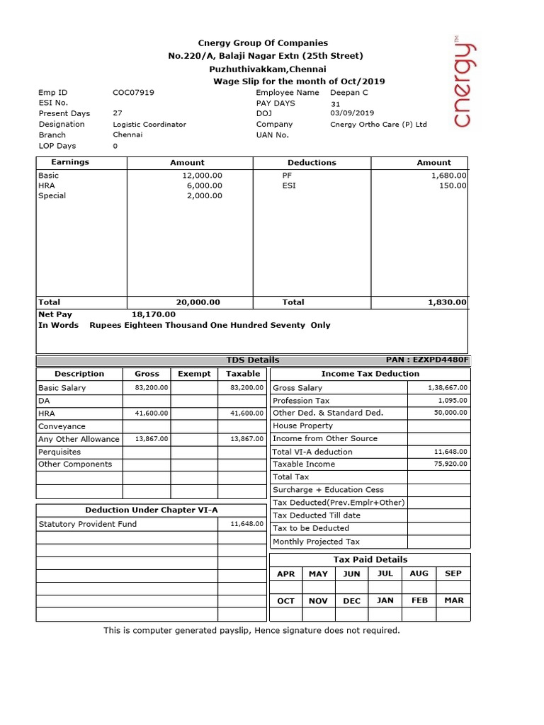 October 2019 Wage Slip Summary | PDF | Tax Deduction | Economies