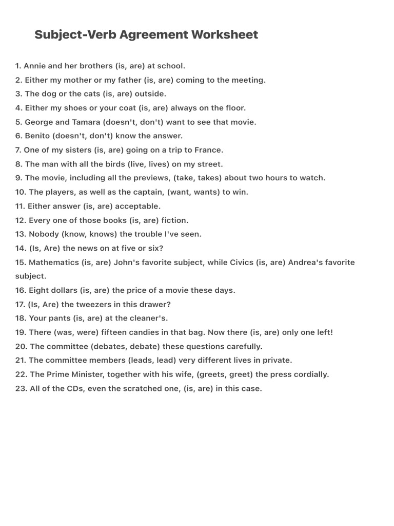 Subject-Verb Agreement Worksheet | PDF