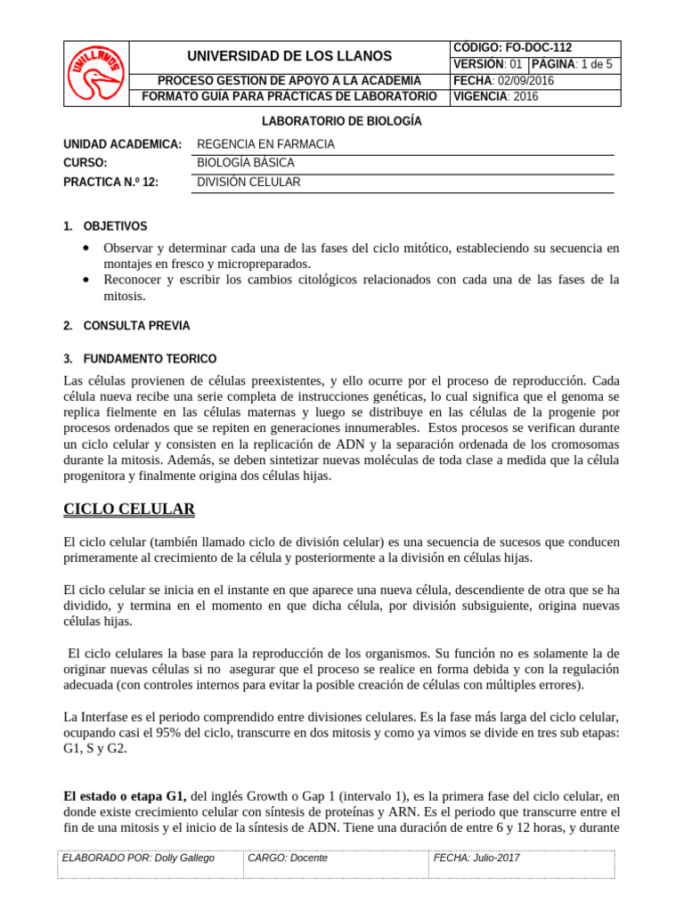FOC-DOC-112 No. 12 División Celular | PDF | Mitosis | Biología Celular